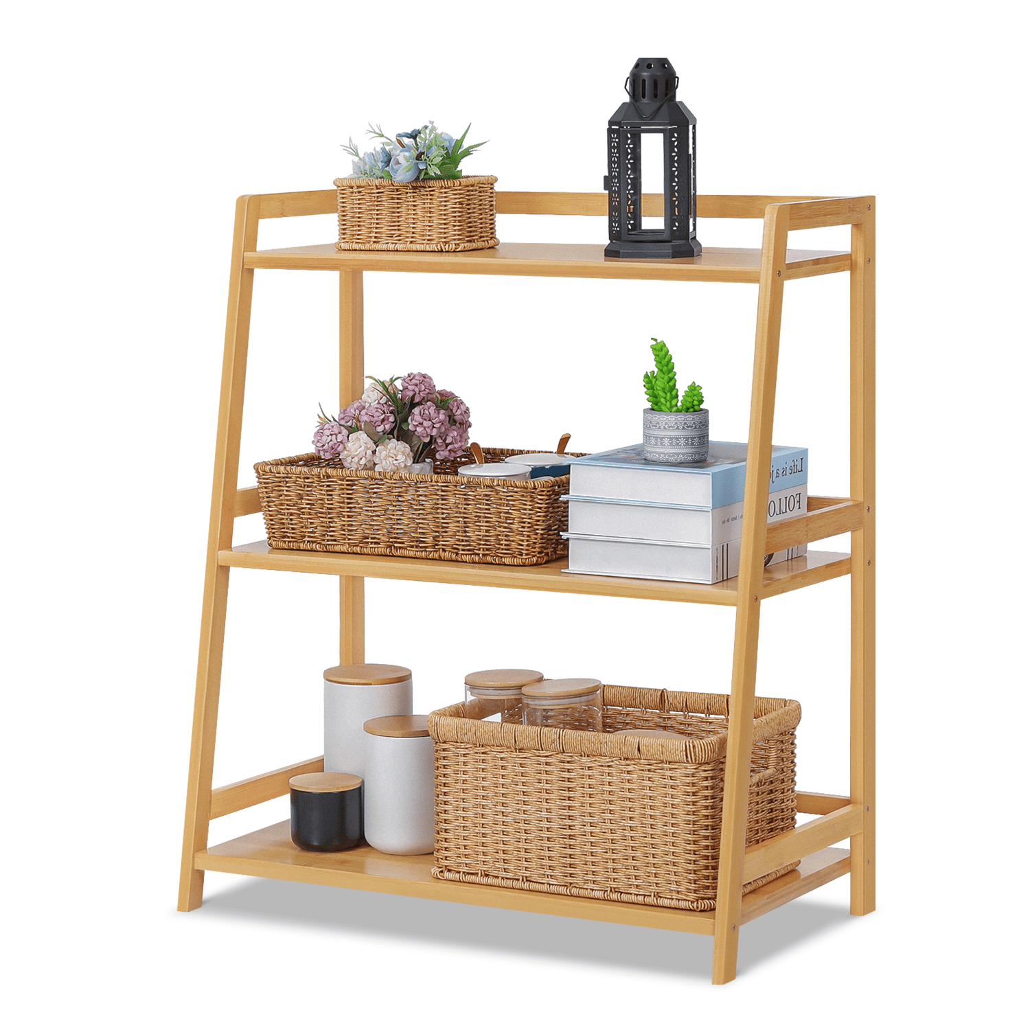 Magshion Bamboo 3 Tiers Trapezoid Open Bookshelf, Stable Storage ...