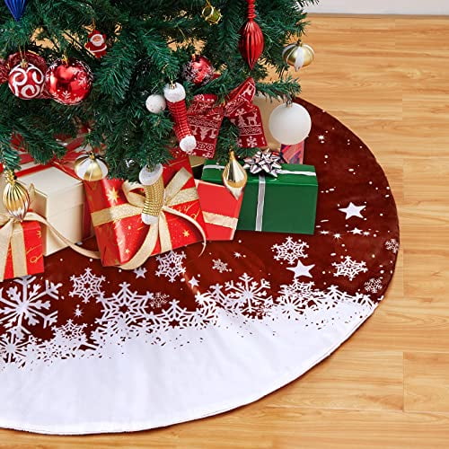 Red Christmas Tree Skirt Snowflakes Double Layers Thick Xmas Tree Mat ...