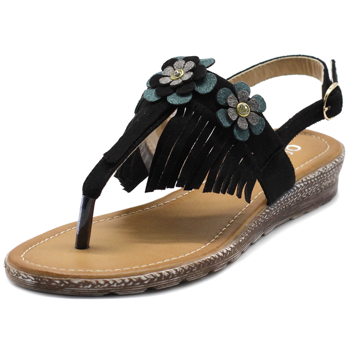 Ollio Women's Shoes Fringe Floral T-Strap Zori Flat Sandals BN07 ...