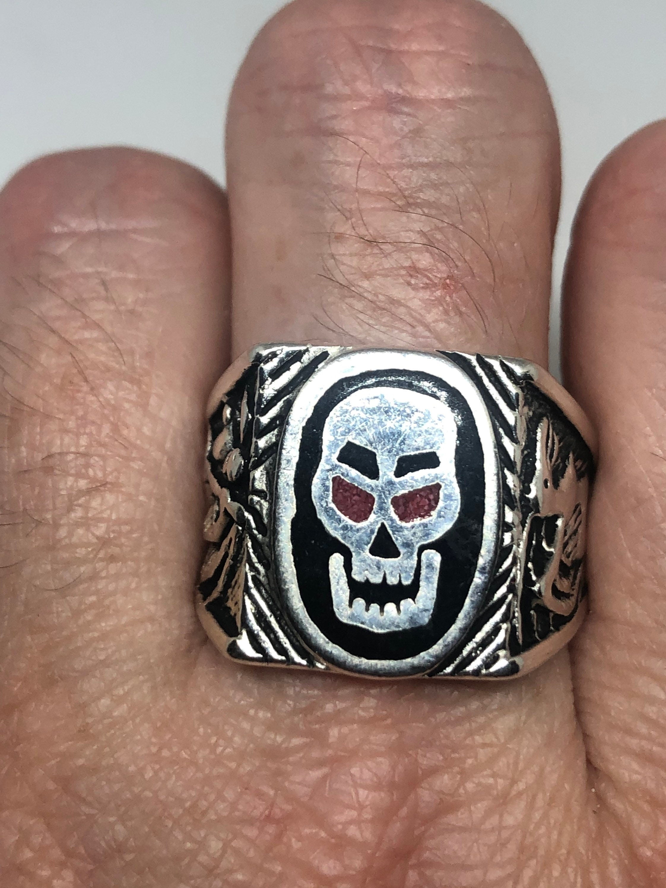 Vintage Gothic Southwestern Real Red Coral Inlay Skull Mens Ring ...