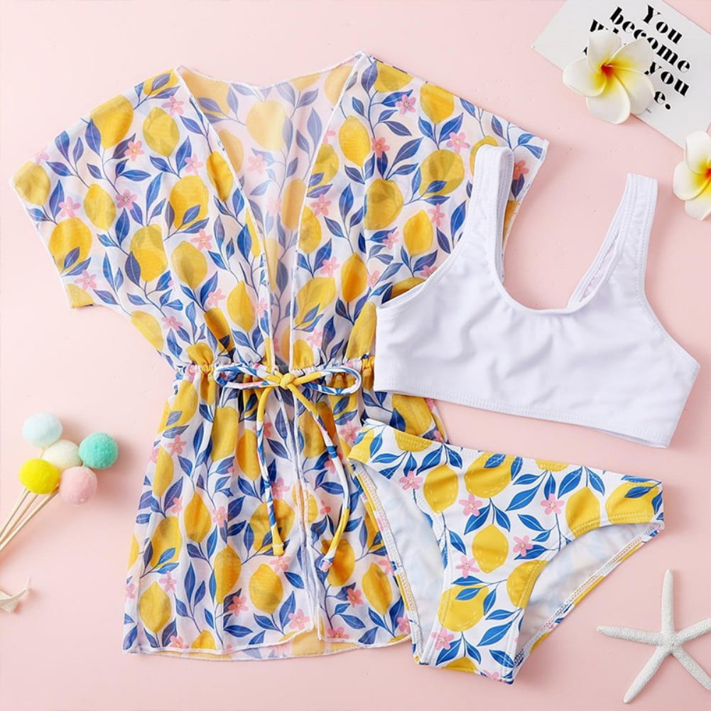 URMAGIC Child Girls 3 Pieces Floral Bikini Set and Kimono Bathing Suit ...