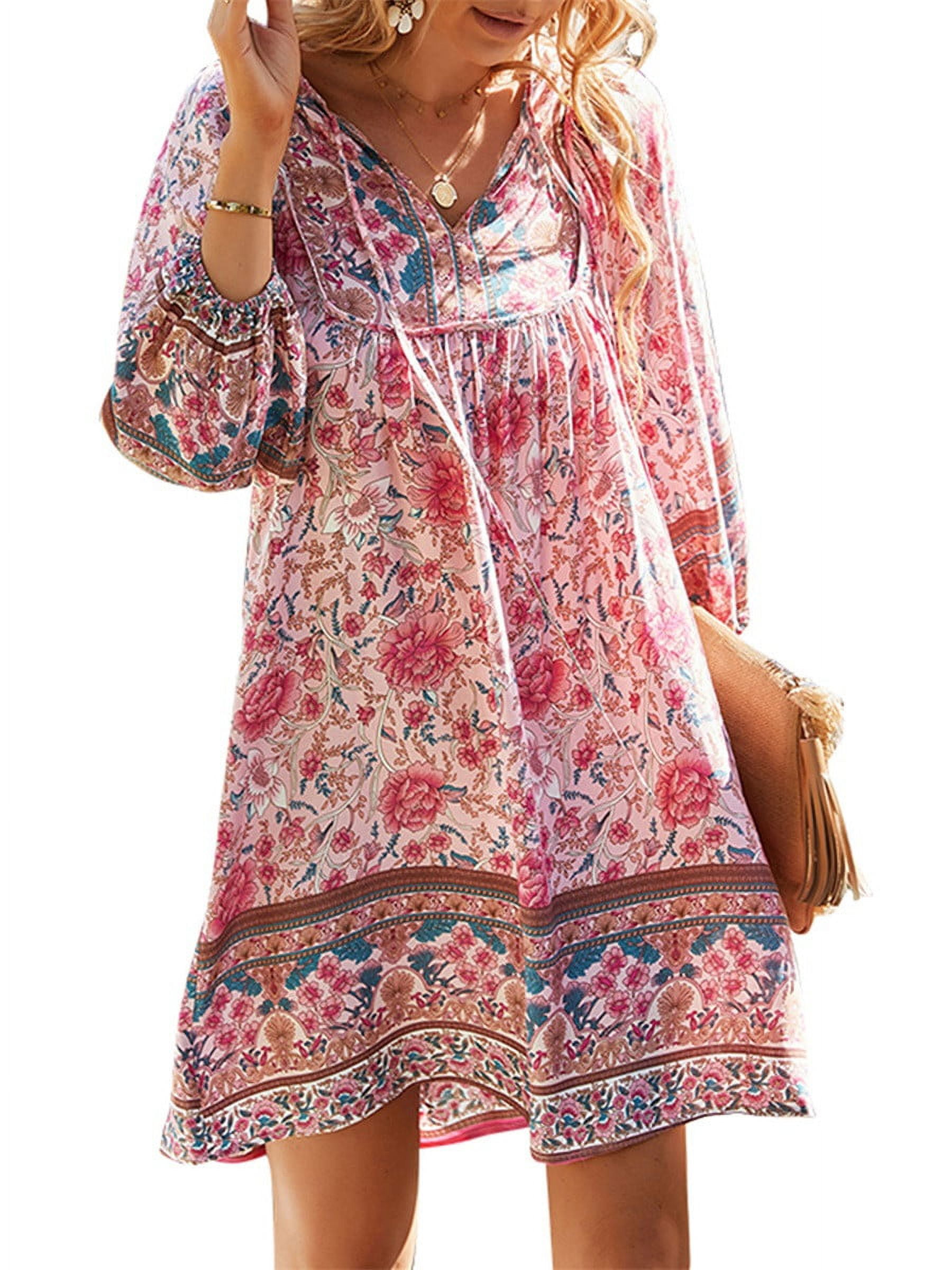 yoeyez Boho Dress for Women Casual Puff 3/4 Sleeve Vintage yoeyez Boho Dress for Women Casual Puff 3/4 Sleeve Vintage