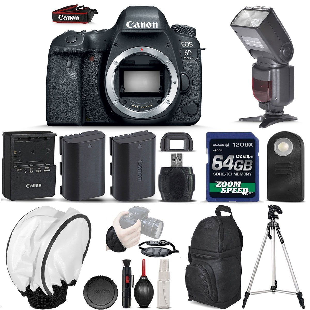 Canon EOS 6D Mark II Digital SLR Camera + Total of 2 Batteries + 64GB ...