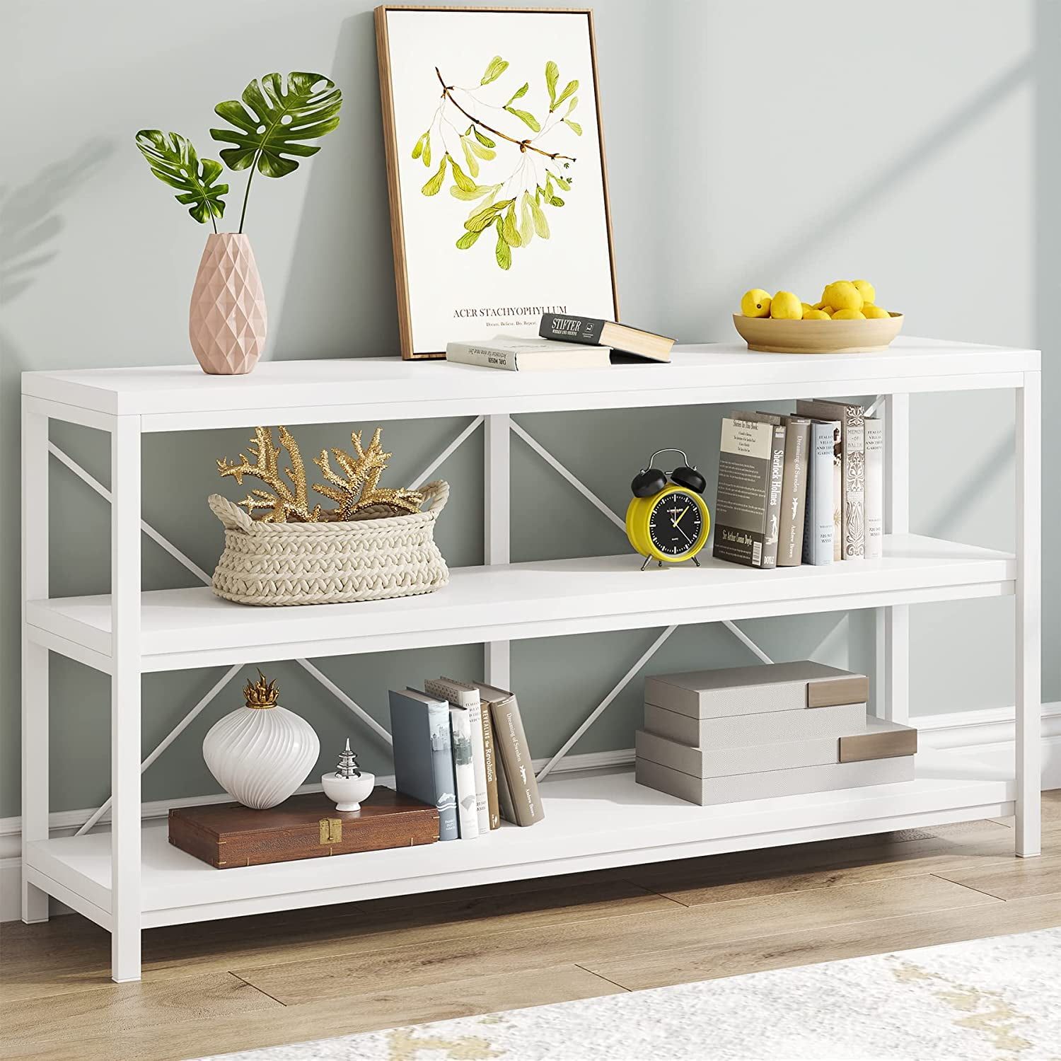 BYBLIGHT Turrella White Rectangle Wood Console Table Extra Long TV ...