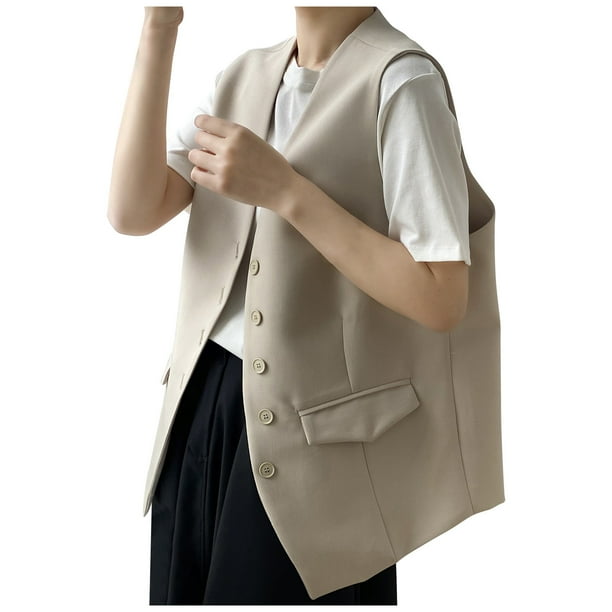 Traje de mujer Chaleco Abrigo Botón Invierno Sin mangas Con cuello en v Prendas de abrigo ...