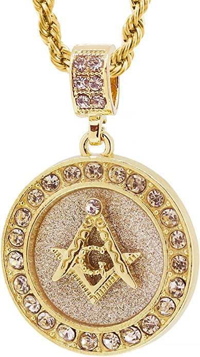 Gold Tone Round Masonic Freemason Pave Pendant with 24" Rope Chain ...