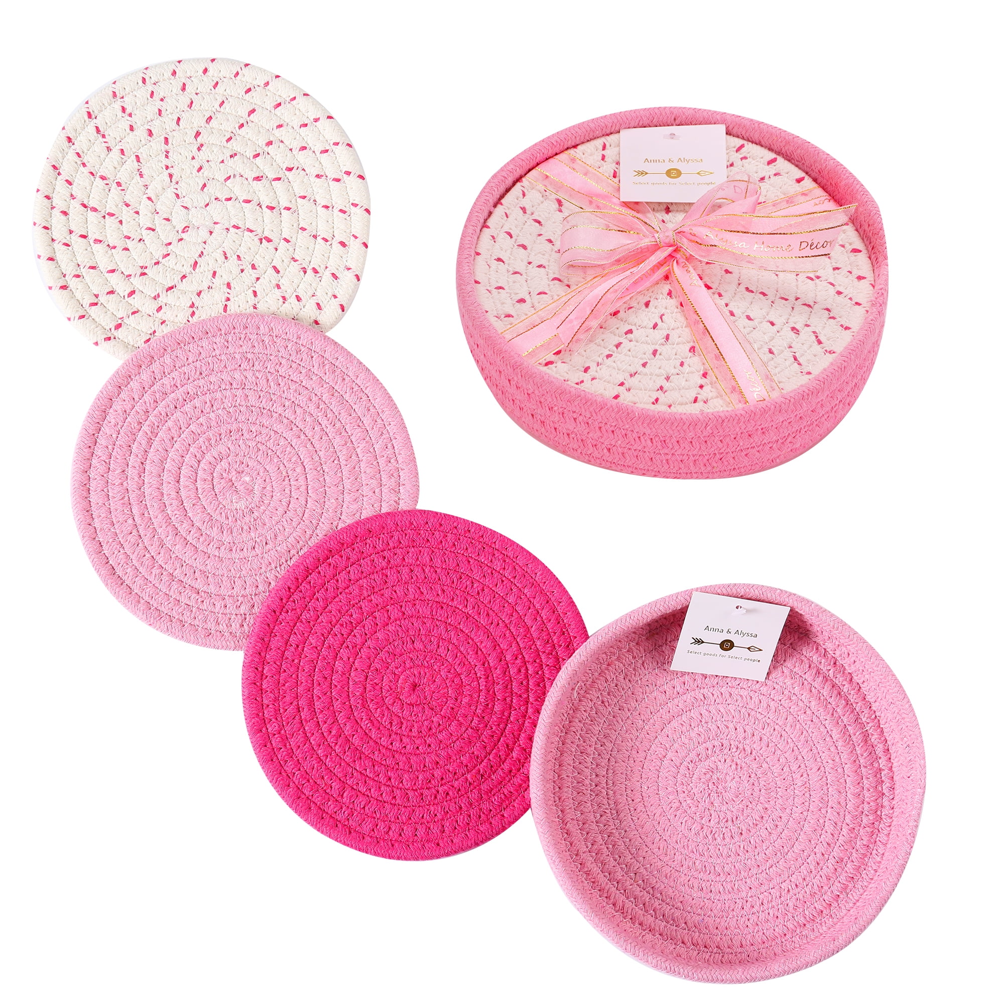 Pink Cotton Woven Trivet Set with Holder, 7 inches Round Fabric ...