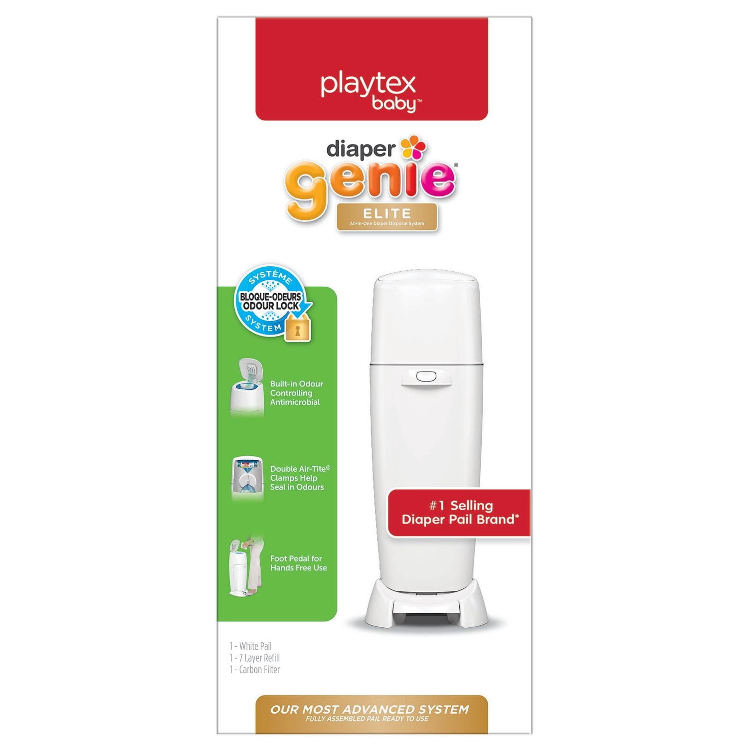 Diaper Genie Elite Diaper Pail, White, Foot Pedal, Air-Tite® Clamps ...