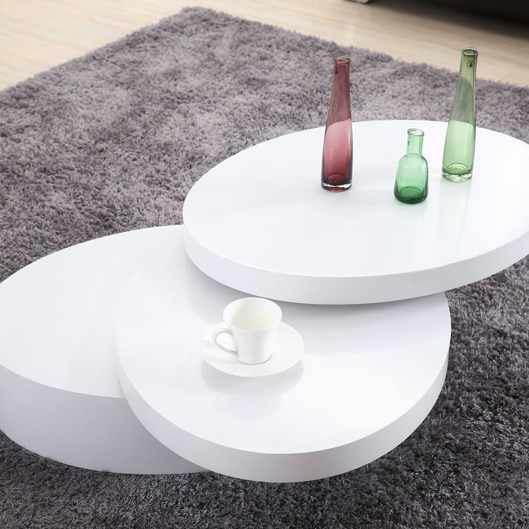 White Round Coffee Table Rotating Contemporary Modern Living Room ...