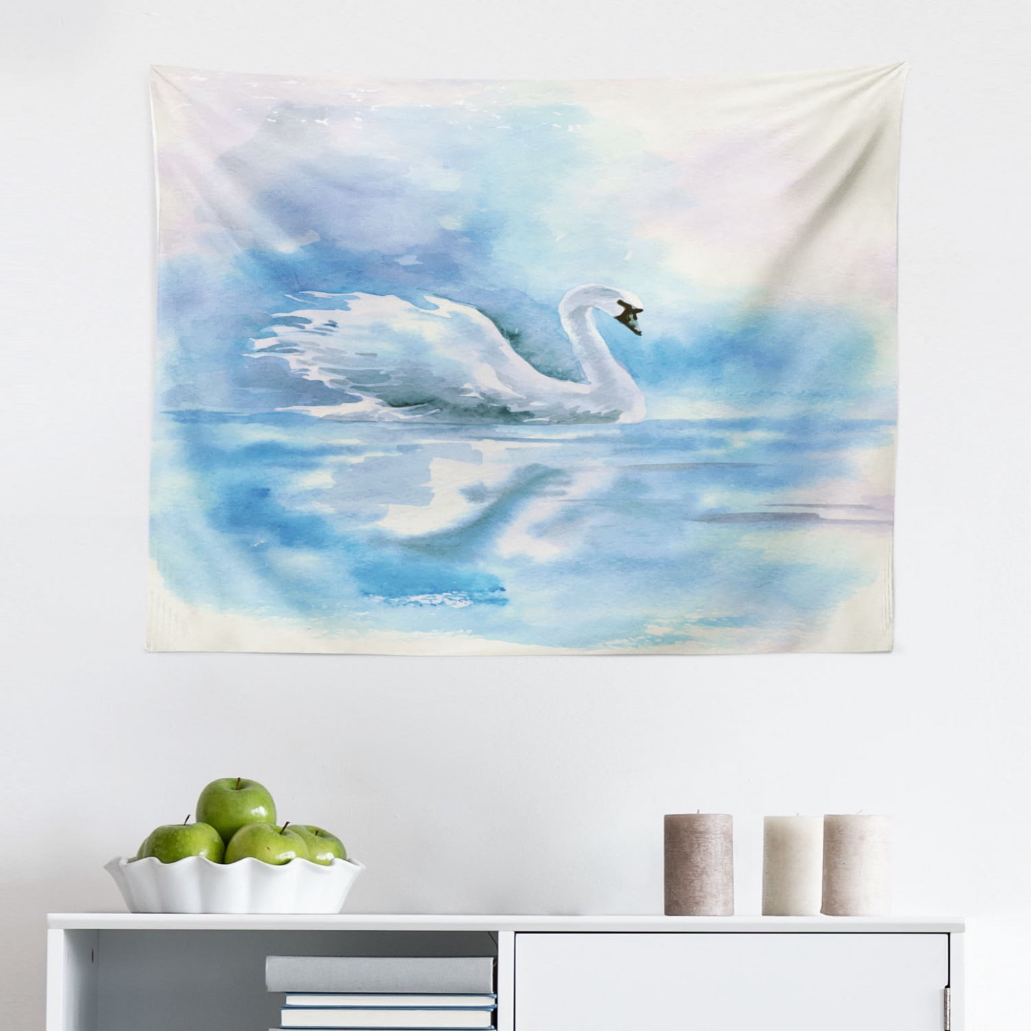 Swan Tapestry, Funky Style Image Swan Couple Swimming in Sea Rainbow ...