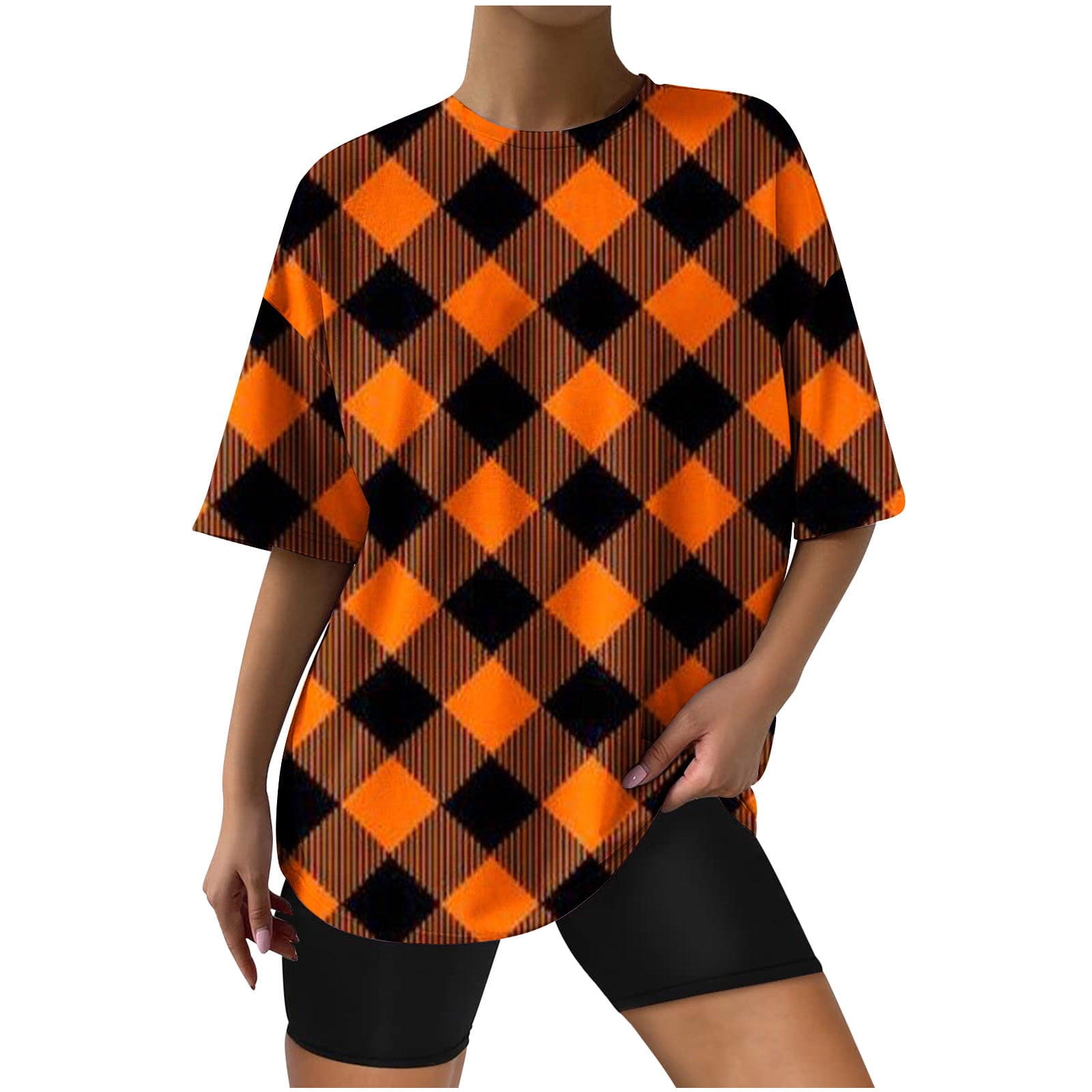 Jggspwm Womens Plaid Print Tops Oversize Blouse Boat Neck Short Sleeve