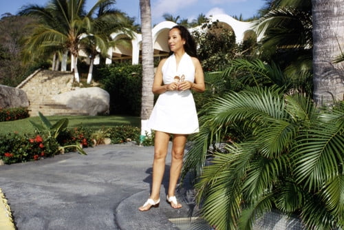 Merle Oberon at home sexy in white short dress Bel Air, California ...