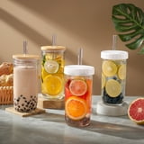 Glass Cups with Lids and Straws,24 oz Smoothie Cup with Lid and Straw- Boba Mason Jar,Wide Mouth ...