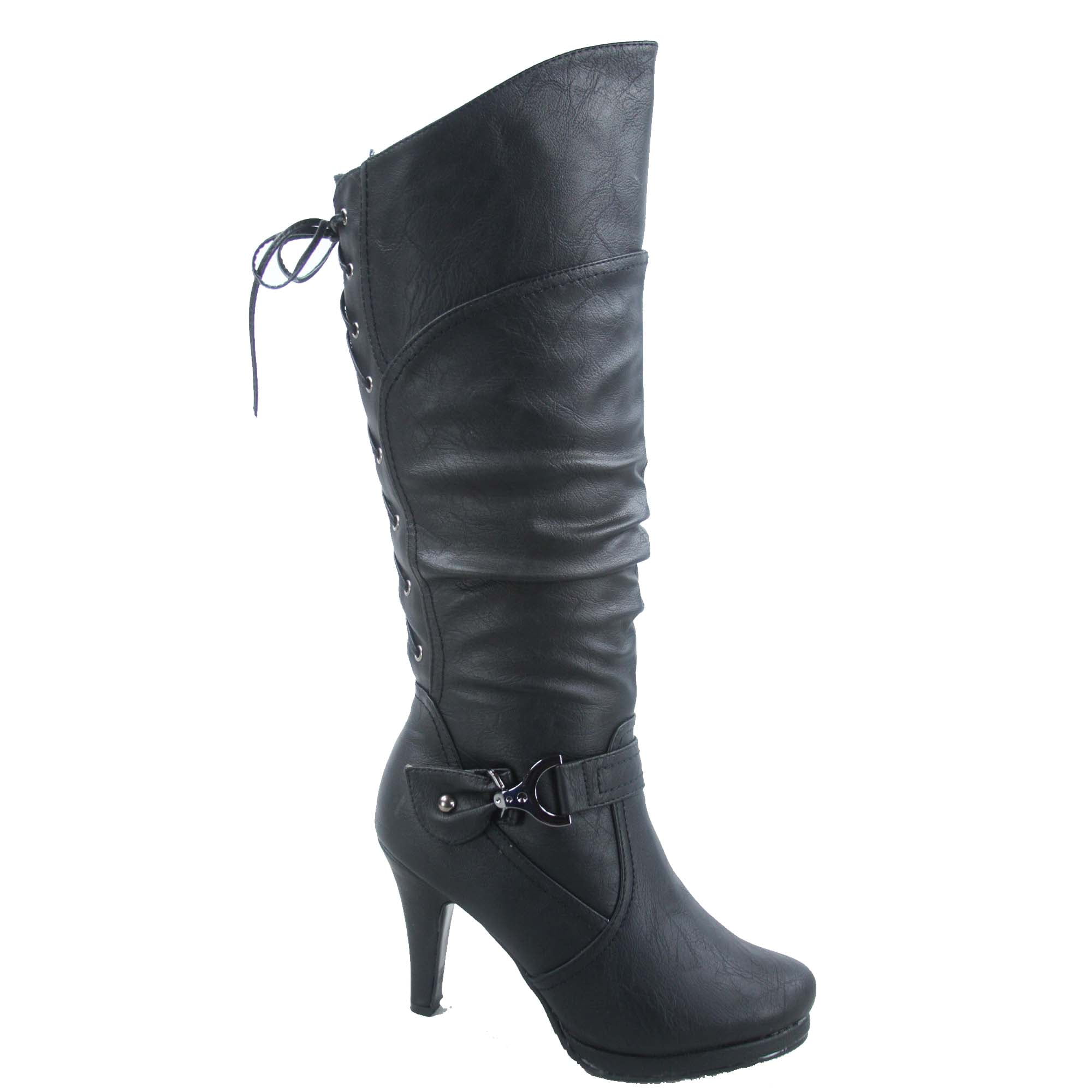 Page-65 Women's Back Lace Up Round Toe High Heel Platform Mid-Calf Knee ...