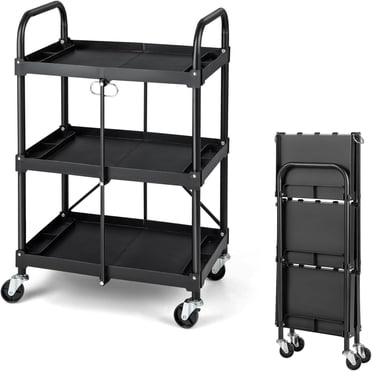 Costway Portable 3-Shelf Rolling Utility Cart, Foldable Large Heavy ...