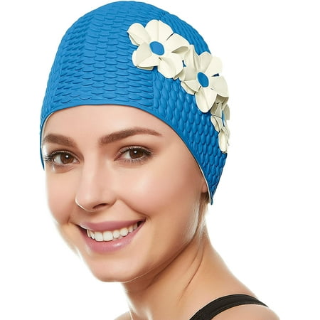 Swim Bathing Caps for Women Latex Swim Hat Triple Flowers Long/Short ...