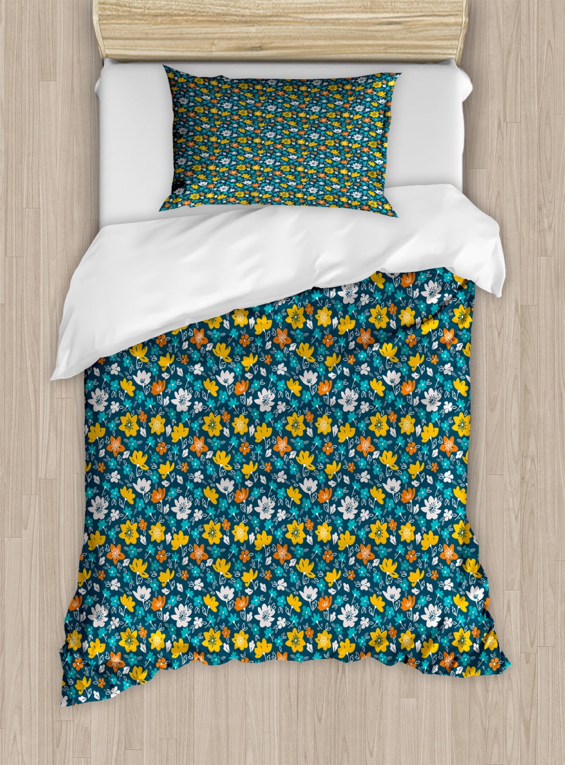 Garden Art Duvet Cover Set Twin Size, Doodle Style Flowers and Leaves ...