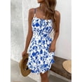 Blue And White Vintage Floral Print Tie Strap Mini Dress, Smocked Waist ...