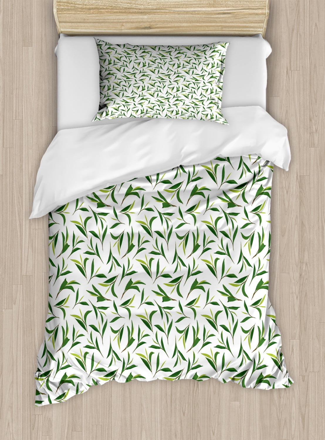 Tea Duvet Cover Set Twin Size, Green Tea Leaves on Plain Background ...