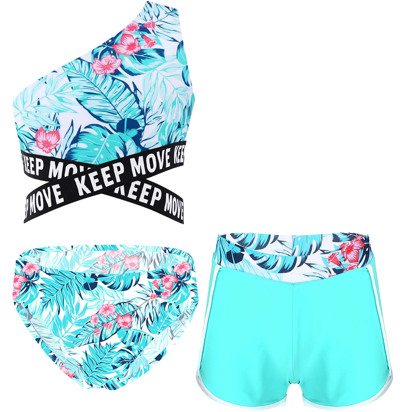 YONGHS Girls 3 Piece Swimsuits Athletic Tankini Swimwear Crop Top ...