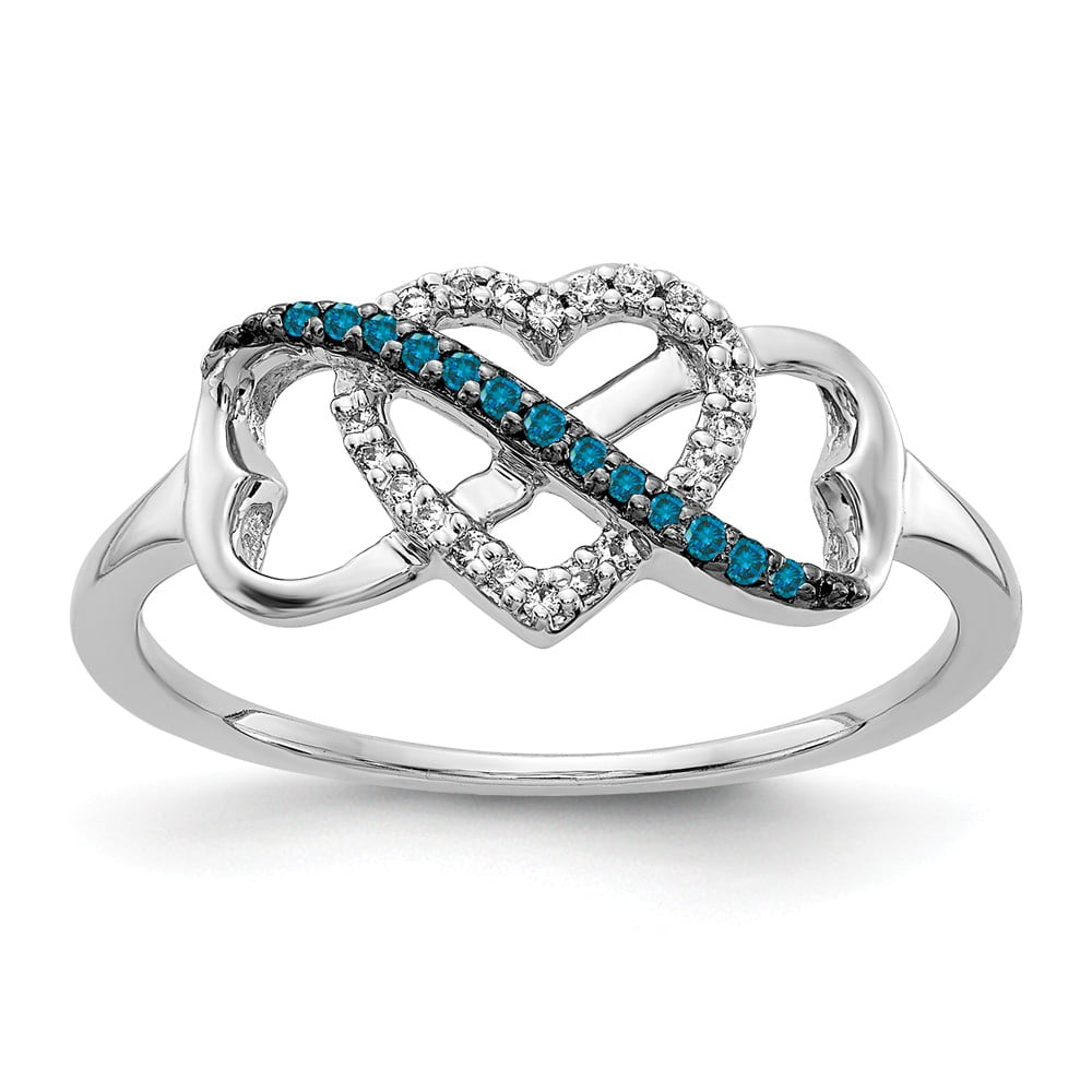Solid 14k White Gold Blue and White Diamond Triple Heart Ring Band Size ...