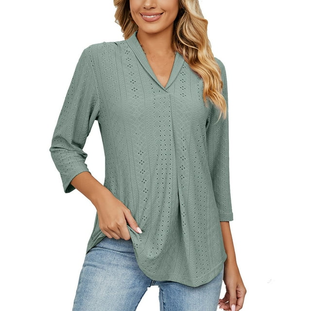 Womens 3 4 Sleeve Tunic Tops Eyelet V Neck Blouses Loose Fit Solid