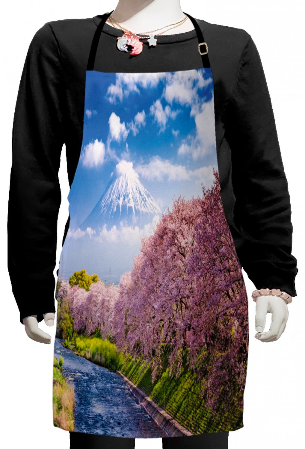 Mountain Kids Apron, View of River and Clear Sky with Cherry Blossoms ...