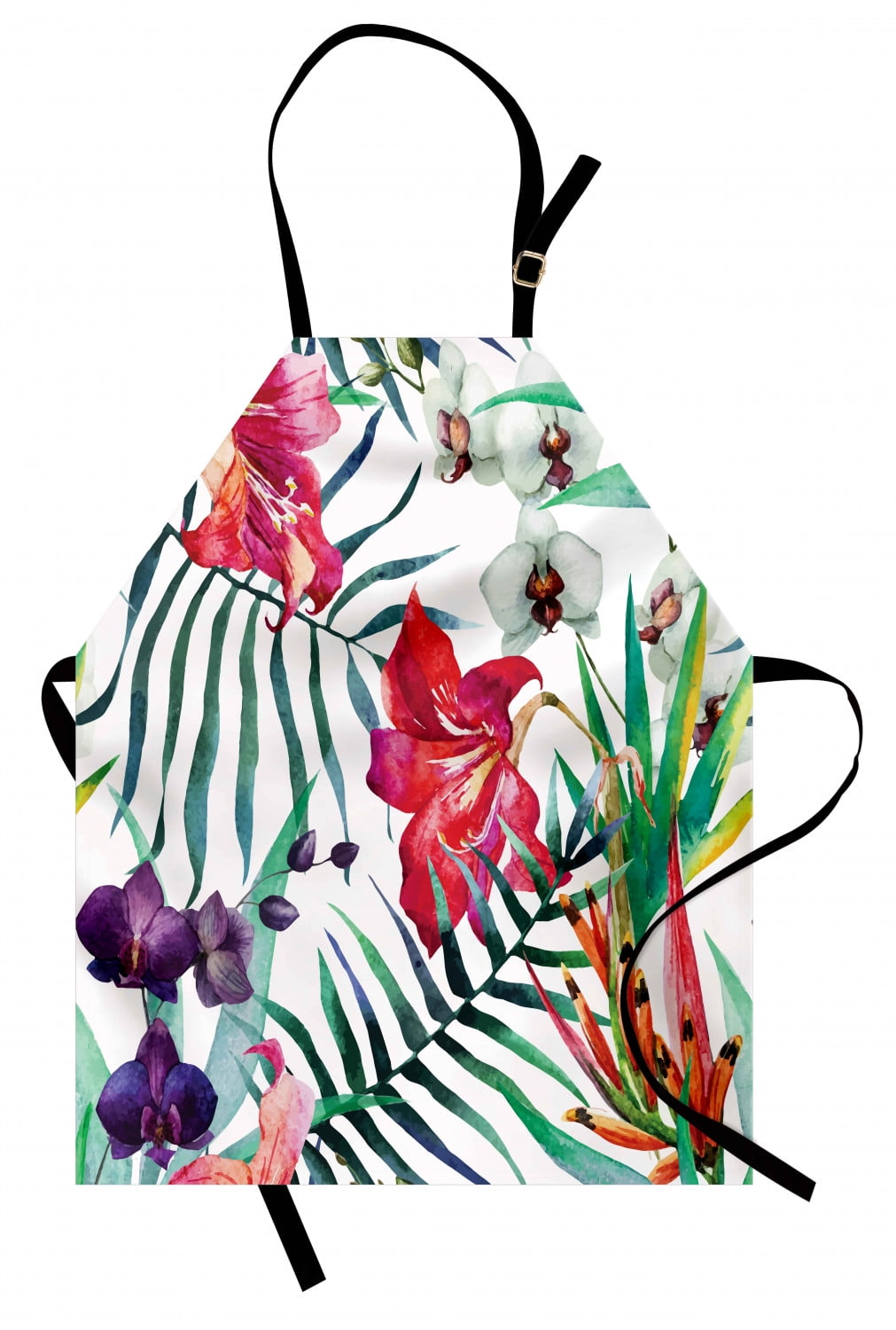 Watercolor Flower Apron Tropical Wild Orchid Flowers with Palm Leaves ...