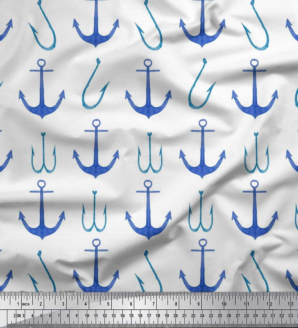 Soimoi White Cotton Poplin Fabric Anchor Hook Nautical Print Fabric by ...