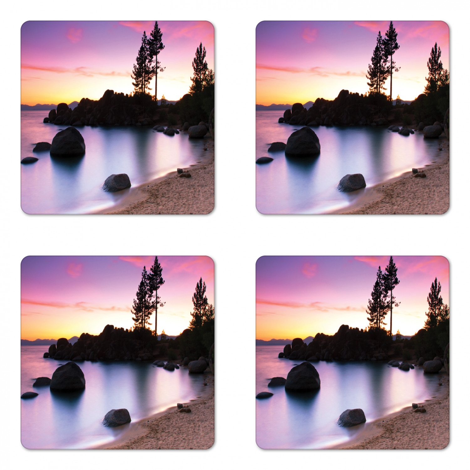 Landscape Coaster Set of 4, Summer Sandy Beach by the River with Fairy ...