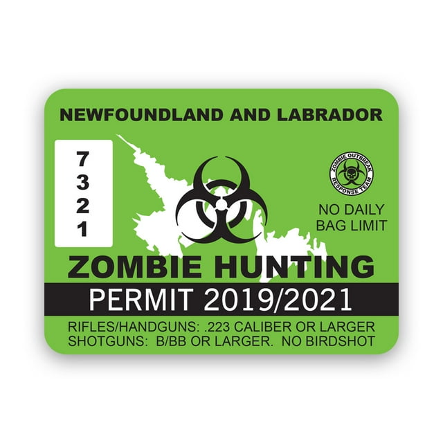 Newfoundland and Labrador Zombie Hunting Permit Sticker Decal - Self ...