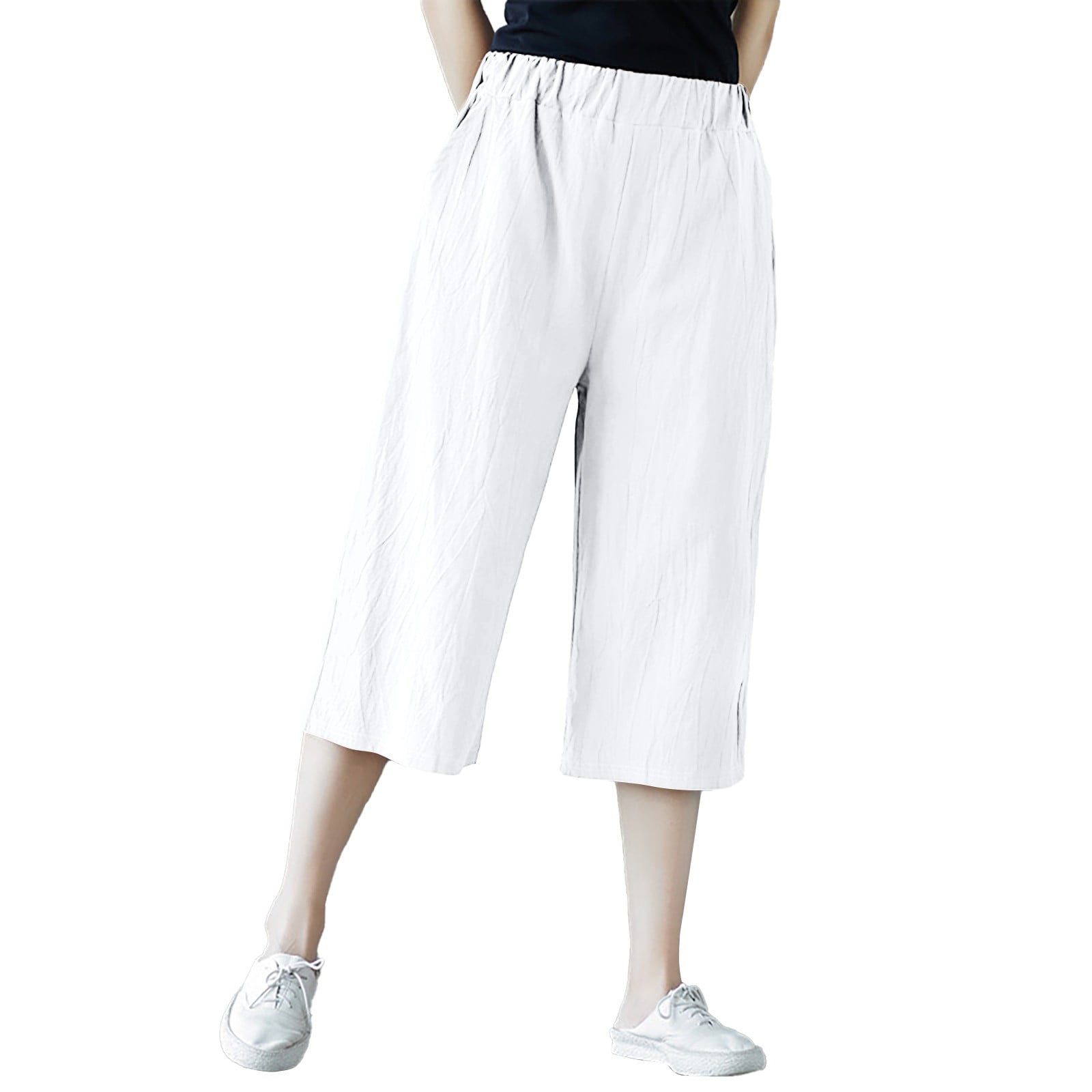 Yinguo Women Capri Pants Solid Casual Cotton And Linen Wide Leg Pants