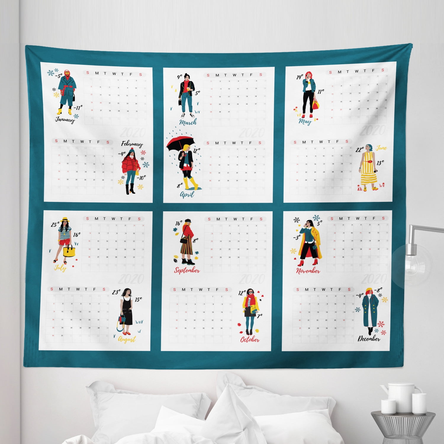 Calendar 2020 Tapestry, Modern Design Year Plan 12 Young Lady in ...