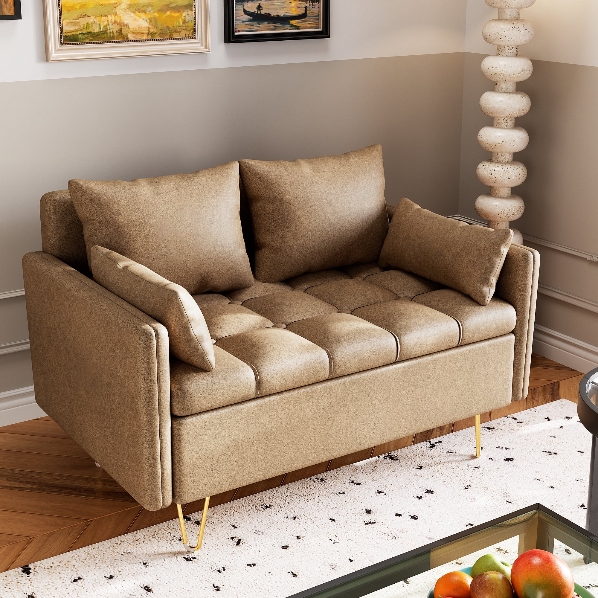 Leeten 2 Seats Sofa with 4 Pillows Set for Living Room, Lift-Up Faux ...