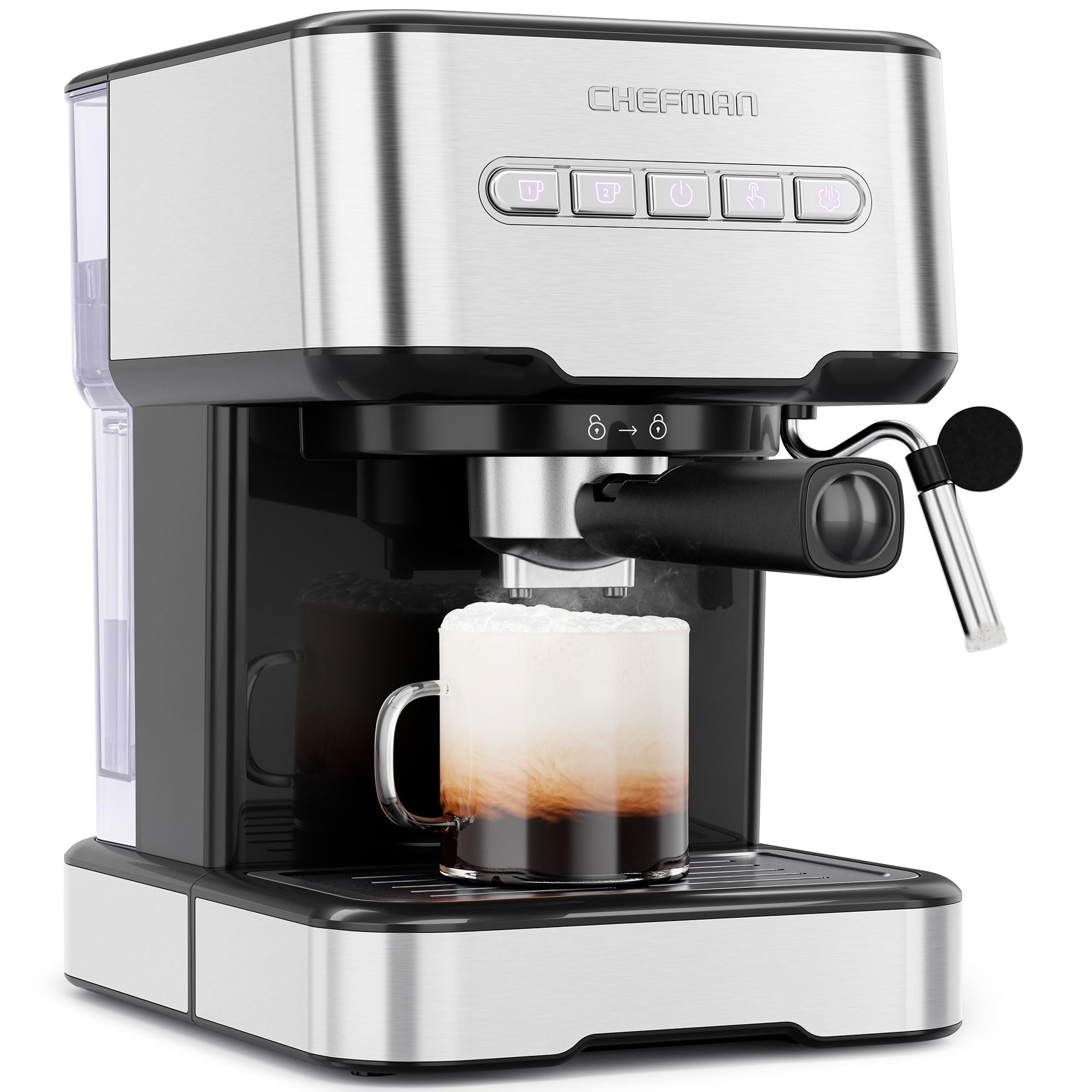 Chefman 6 in 1 Easy-Brew Espresso Machine, Built-In Milk Frother, 15 ...