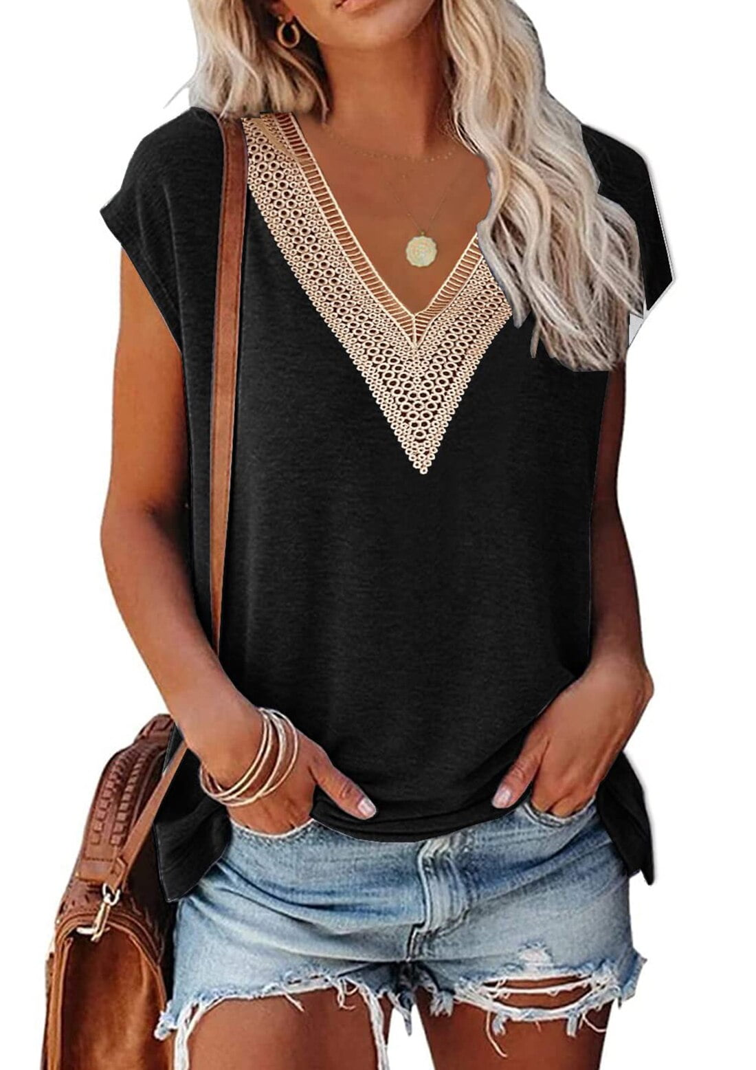 Fantaslook Lace Womens Blouses Cap Sleeve V Neck T Shirts for Women ...