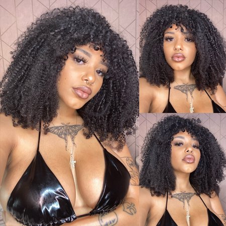 Afro Kinky Curly Wig With Bangs Full Machine Wigs Made Scalp Wig 150 180 200 Density Remy ...