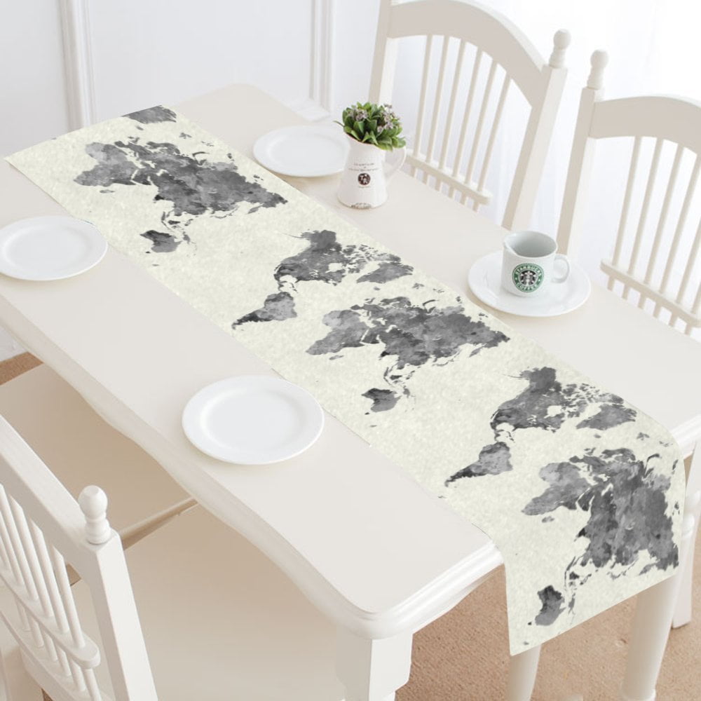 MYPOP Watercolor Gray World Map Table Runner Home Decor 16x72 Inch ...
