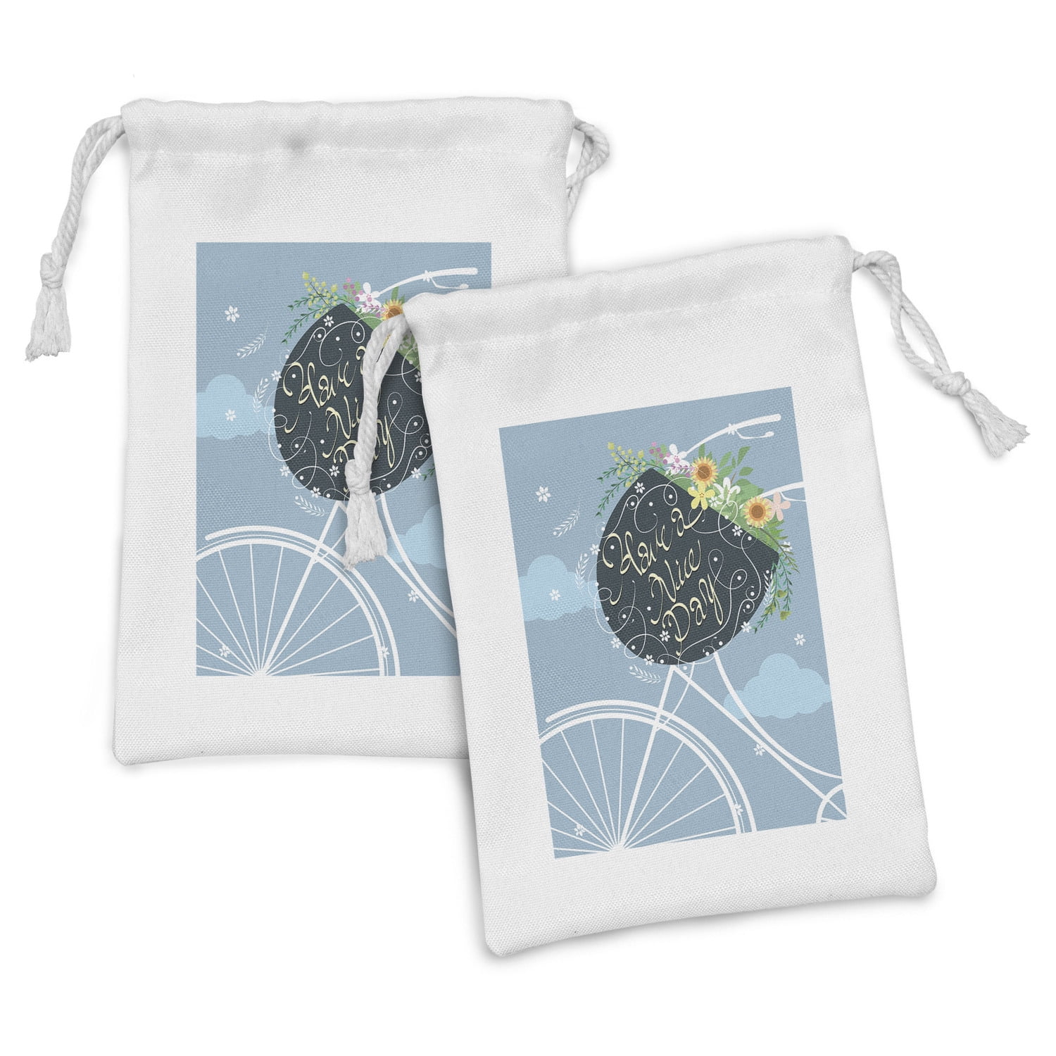 Saying Fabric Pouch Set of 2, Have a Nice Day Calligraphy on Bicycle ...
