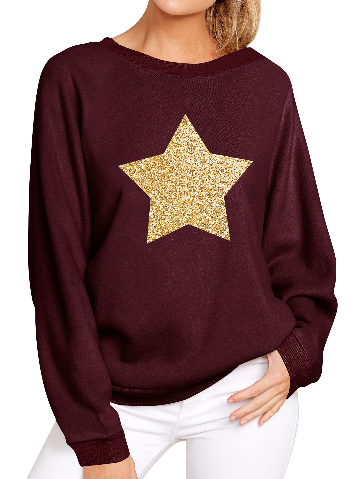 Women Sequin Star Printed Crew Neck Long Sleeves Bling-Bling Pullover ...