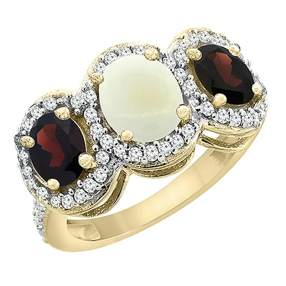 10K Yellow Gold Natural Opal & Garnet 3-Stone Ring Oval Diamond Accent ...