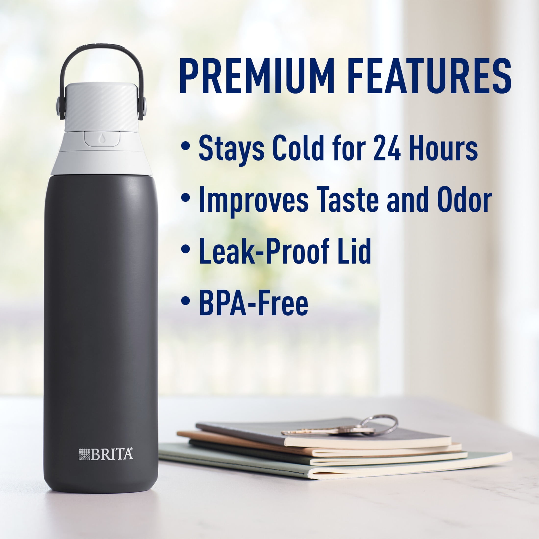 Brita Premium Stainless Steel Leak Proof Filtered Water Bottle, Carbon ...