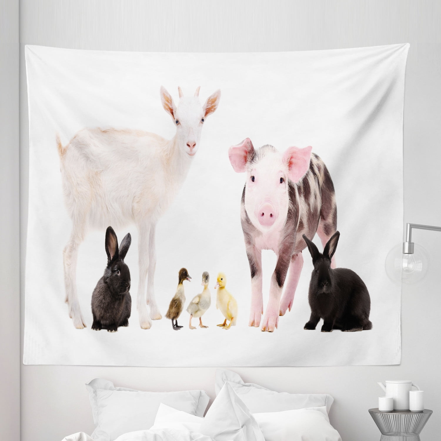 Farm Animal Tapestry, Studio Shot of Domestic Creatures Ducks Pig Goat ...