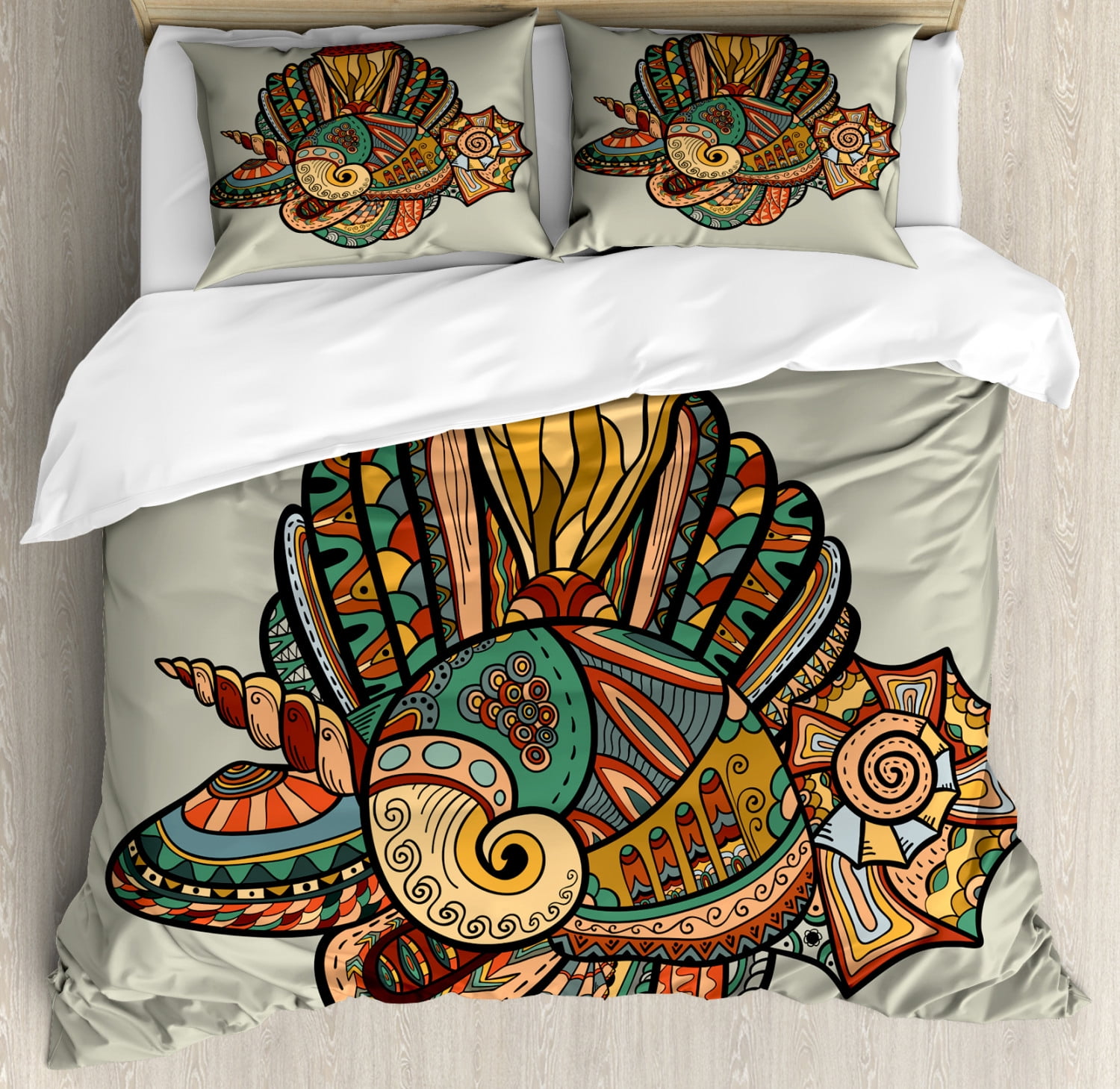 Shell Duvet Cover Set Queen Size, Abstract Tribal Stylized Seashell ...
