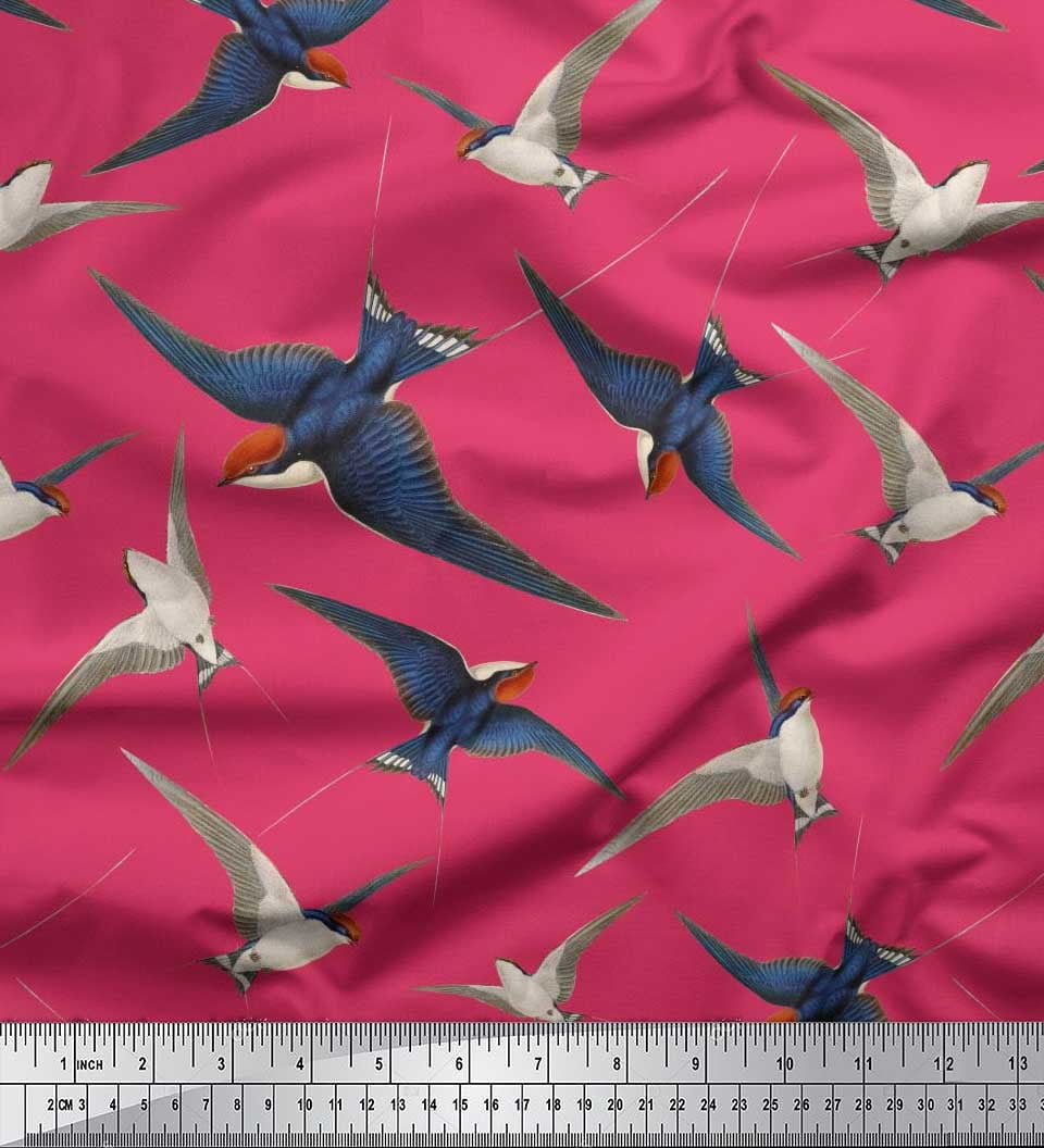 Soimoi Pink Japan Crepe Satin Fabric Flying Woodpecker Bird Print ...