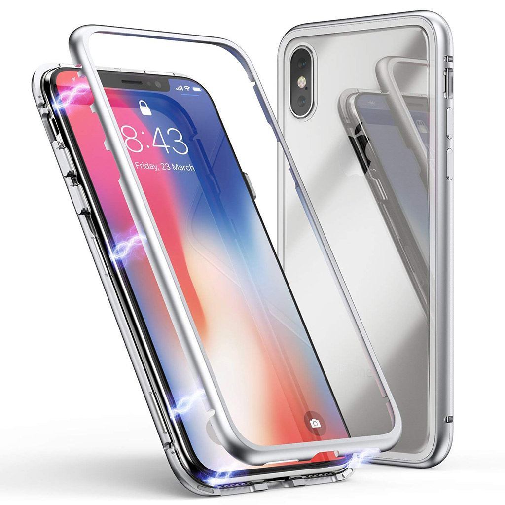 iPhone Xs / X Magnetic Adsorption Metal Frame Case with Tempered Glass ...