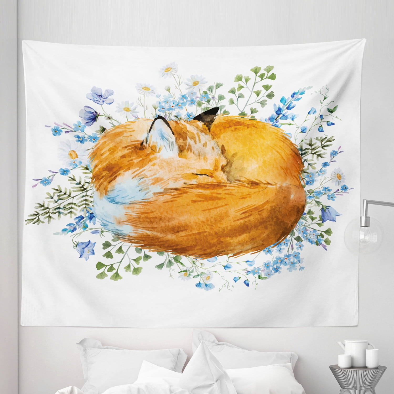 Fox Tapestry, Sleeping Fox in Watercolors Hand Drawn Fresh Wild Flowers ...