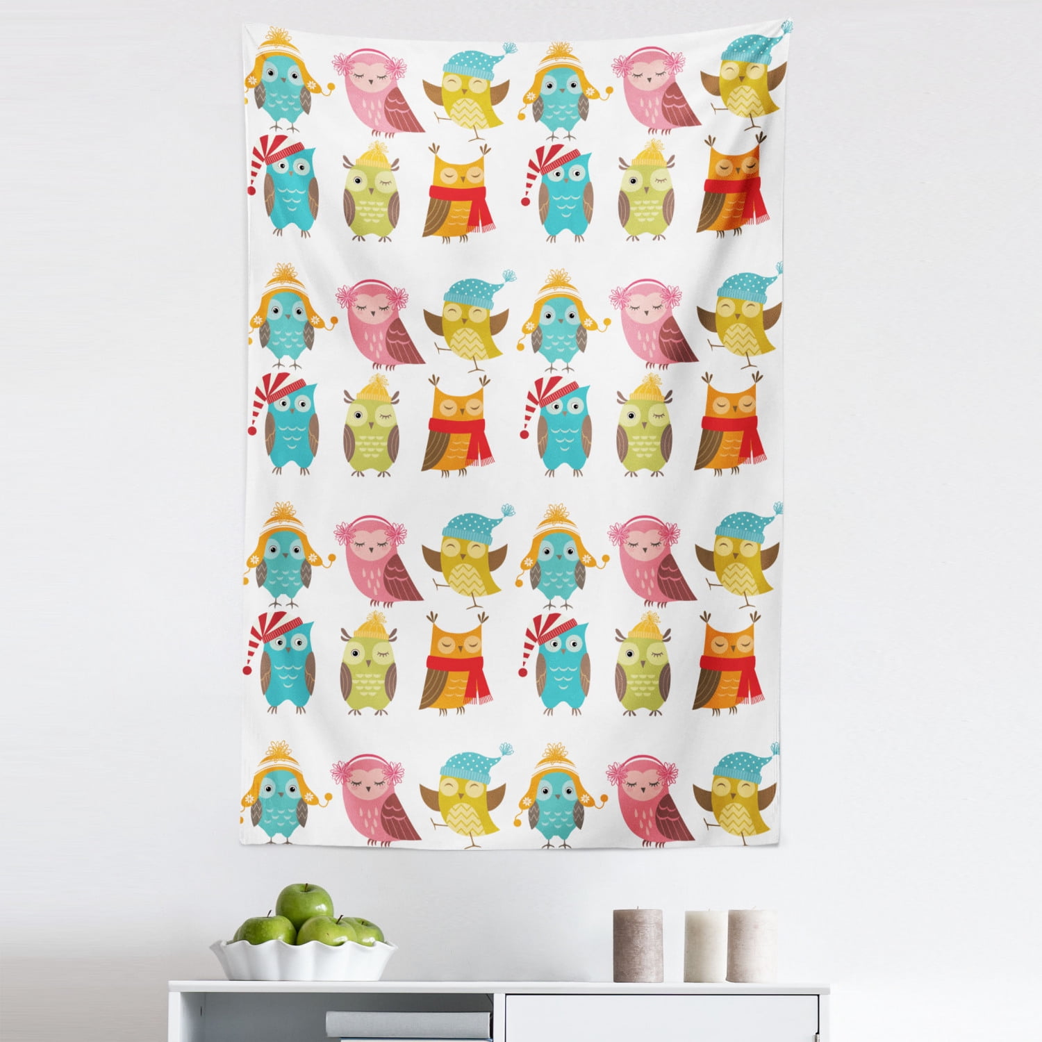 Winter Tapestry, Cartoon Style Funny Owls Characters Hats and Scarf ...