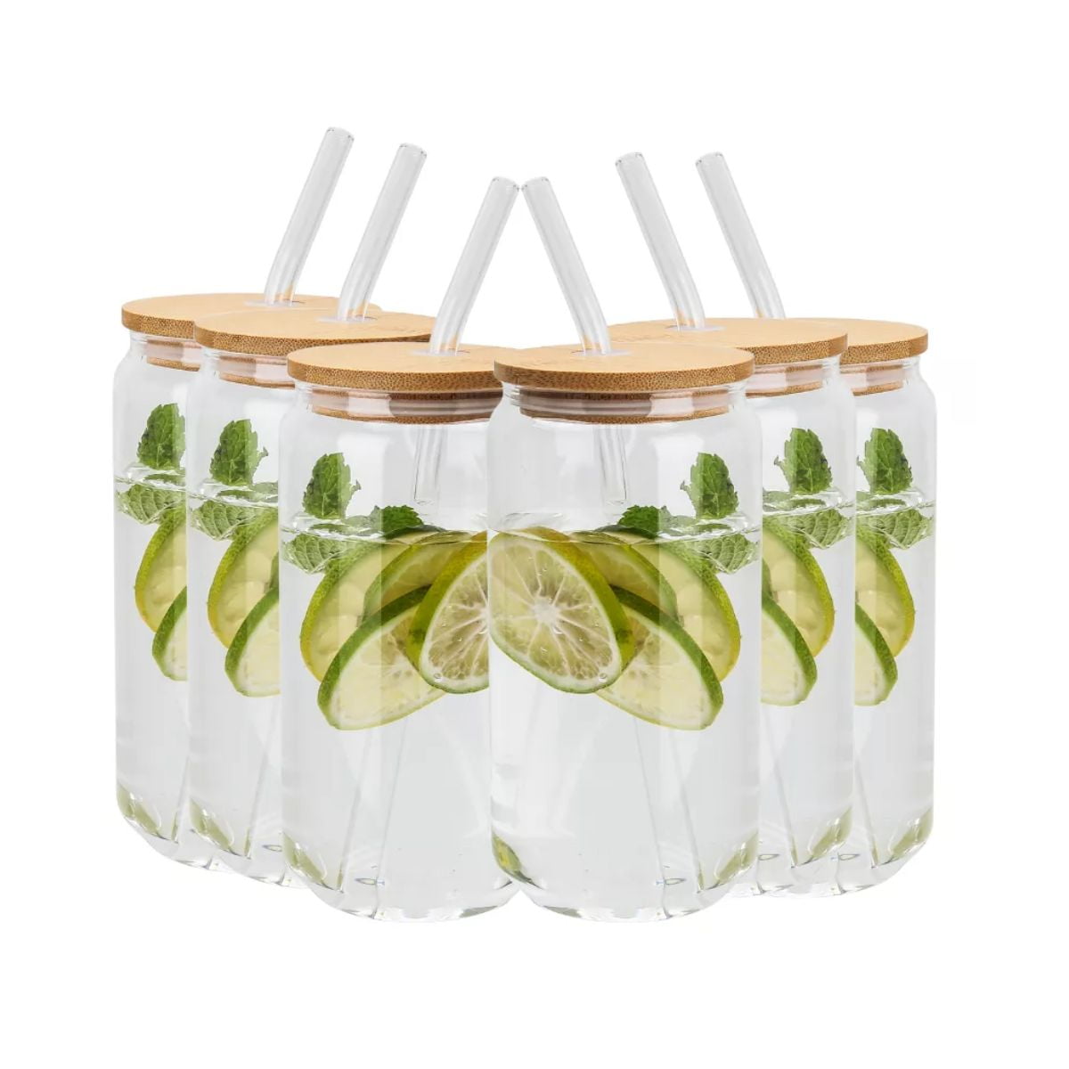 6 Vasos Vidrio Tipo Lata Tapa Bambu Drink Lab Popote 500ml Elegante ...