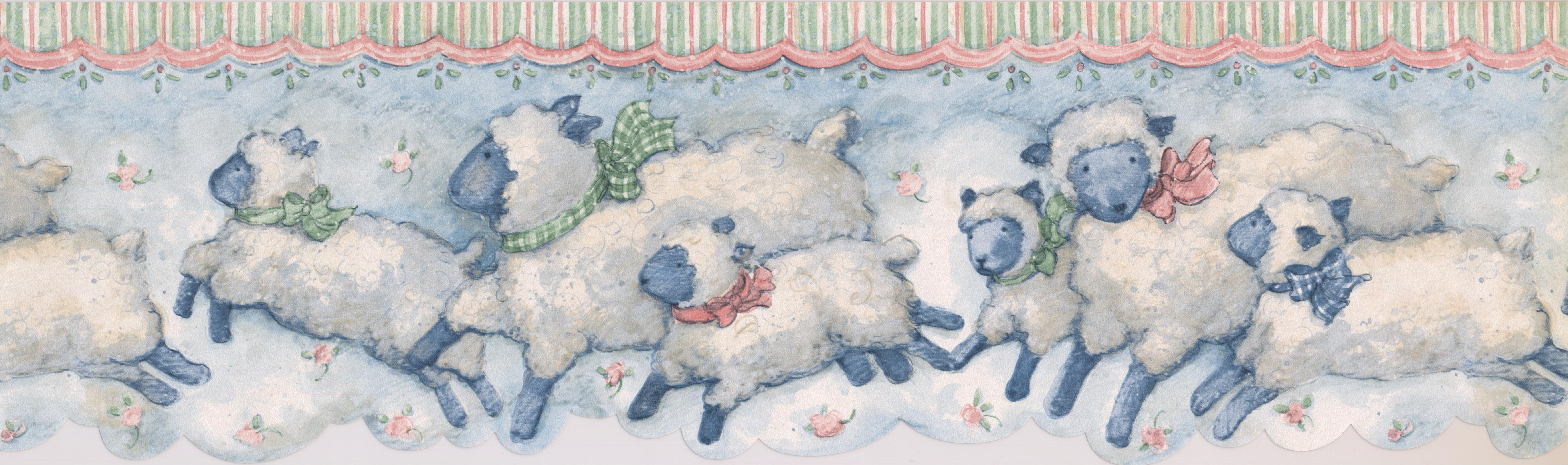 White Blue Sheep Vintage Wallpaper Border for Kids, Roll 15' x 7 ...